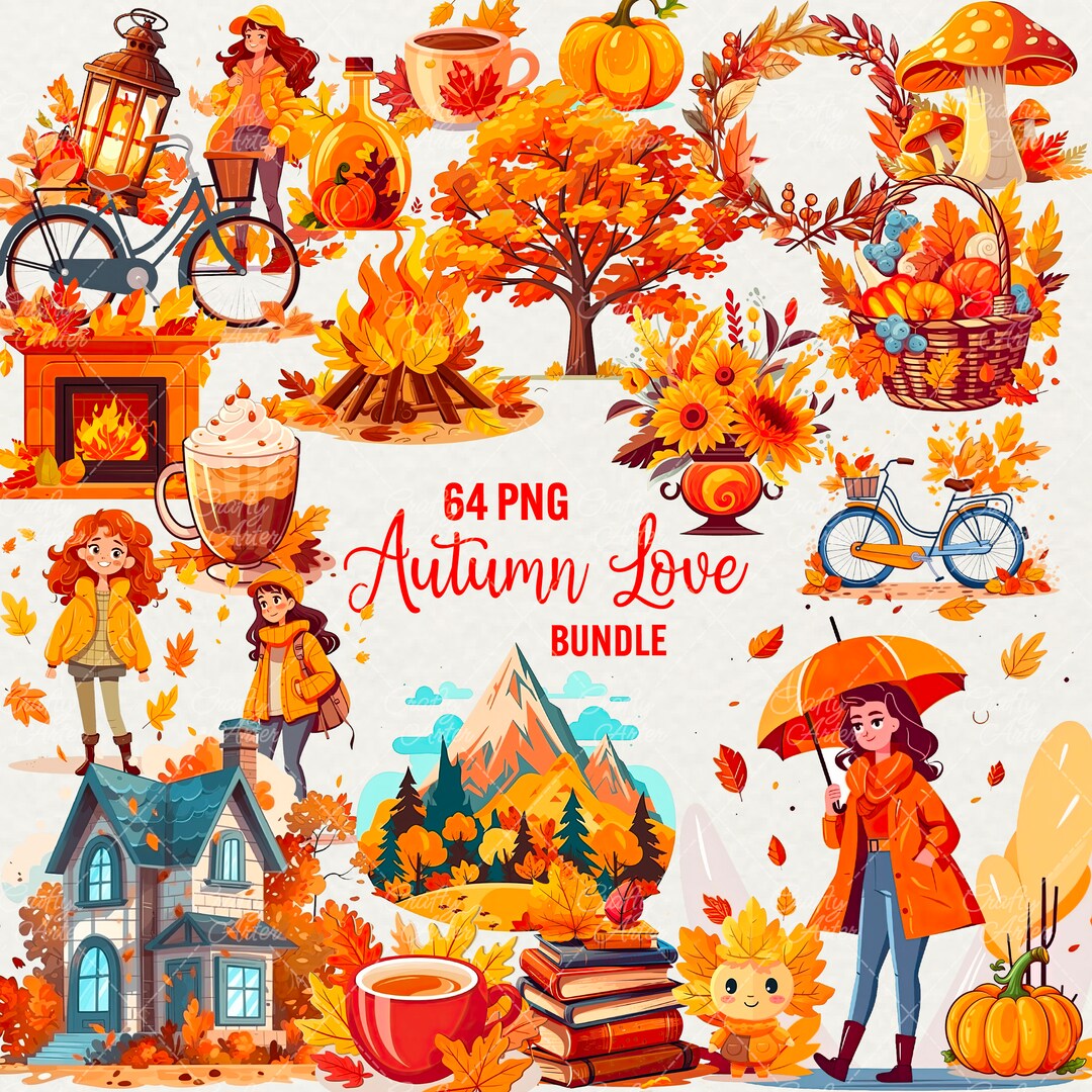 Watercolor Autumn Clipart, 64 PNG Cartoon Autumn Illustration, Autumn ...