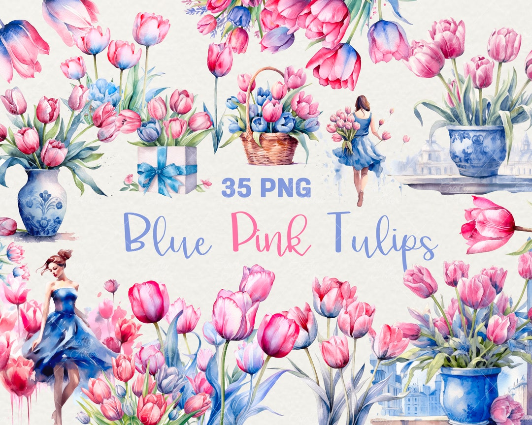Watercolor Blue Pink Tulips Clipart, 35 PNG Watercolor Tulips Flowers ...