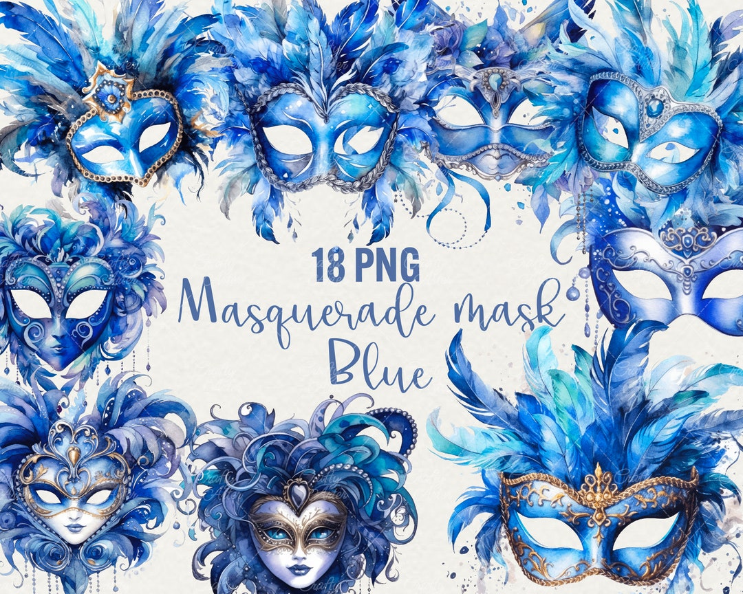 Watercolor Blue Masquerade Clipart, 18 Png Digital Art Carnival Masks ...