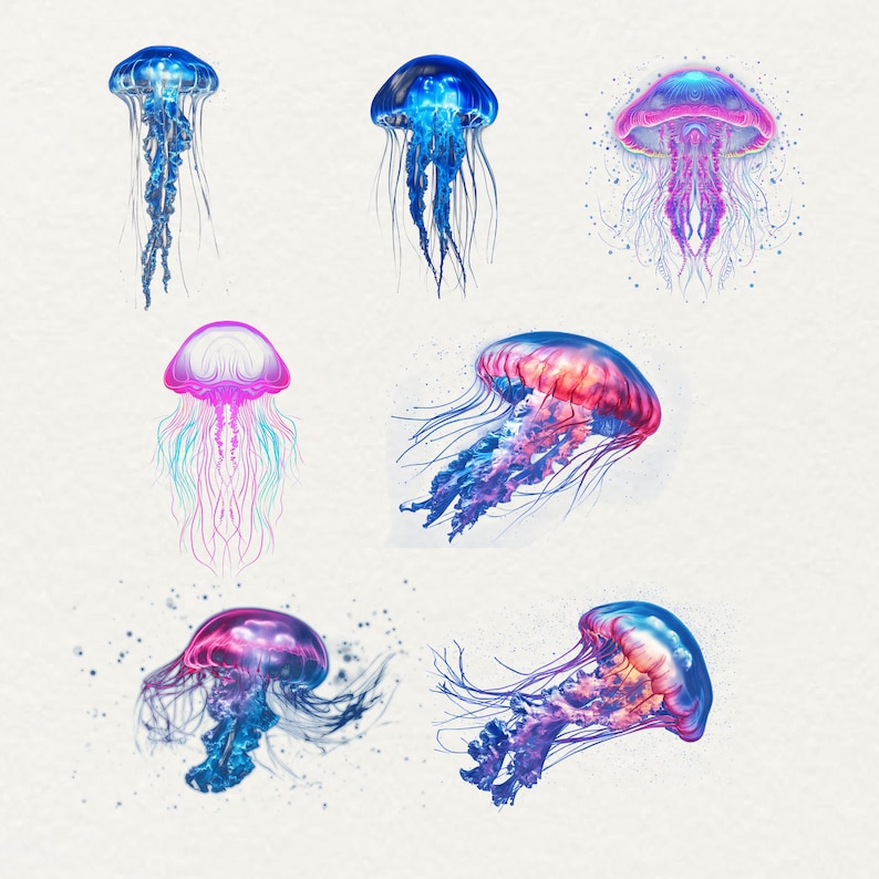 Neon Jellyfish Clipart: 30 Glowing Ocean PNG Graphics (commercial Use ...