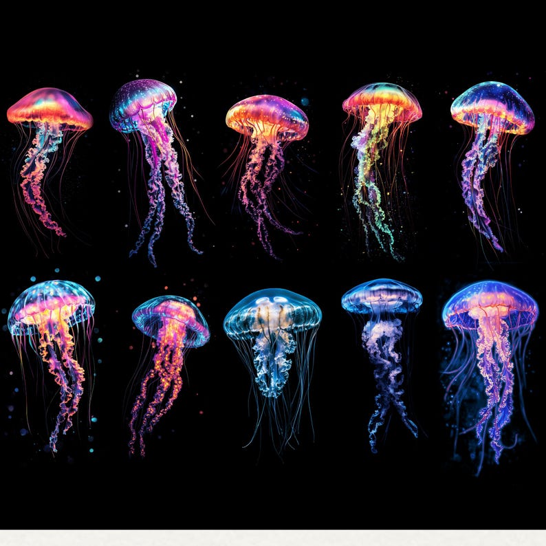 Neon Jellyfish Clipart: 30 Glowing Ocean PNG Graphics (commercial Use ...