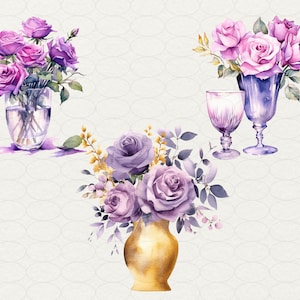 Purple Rose Vase Clipart, 20 Png, Sublimation Watercolor Rose Flowers ...
