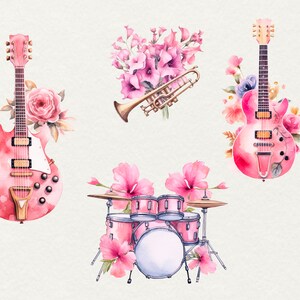Watercolor Musical Instruments Clipart, Floral Music Clip Art, Pink ...