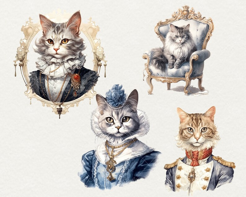 Watercolor Rococo Cats Clipart: Elegant Animal PNG (commercial Use) - Etsy