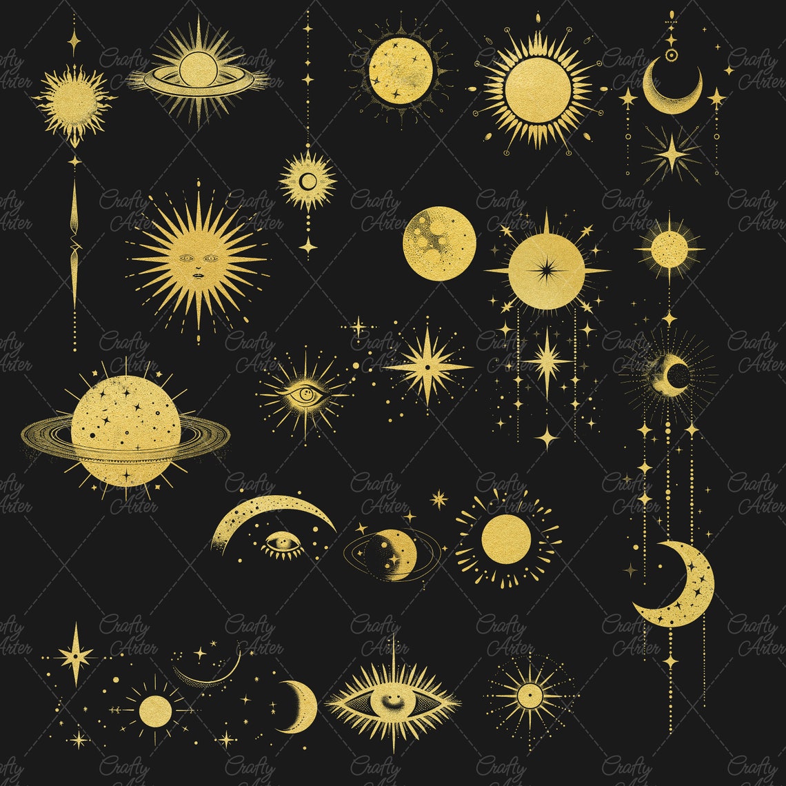 Gold Celestial Clipart: Moon, Sun, Stars - 66 PNG Elements (commercial ...