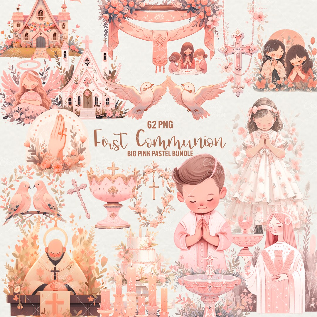 First Communion Pink Clipart Bundle, 62 PNG Pastel Pink 1st Communion ...