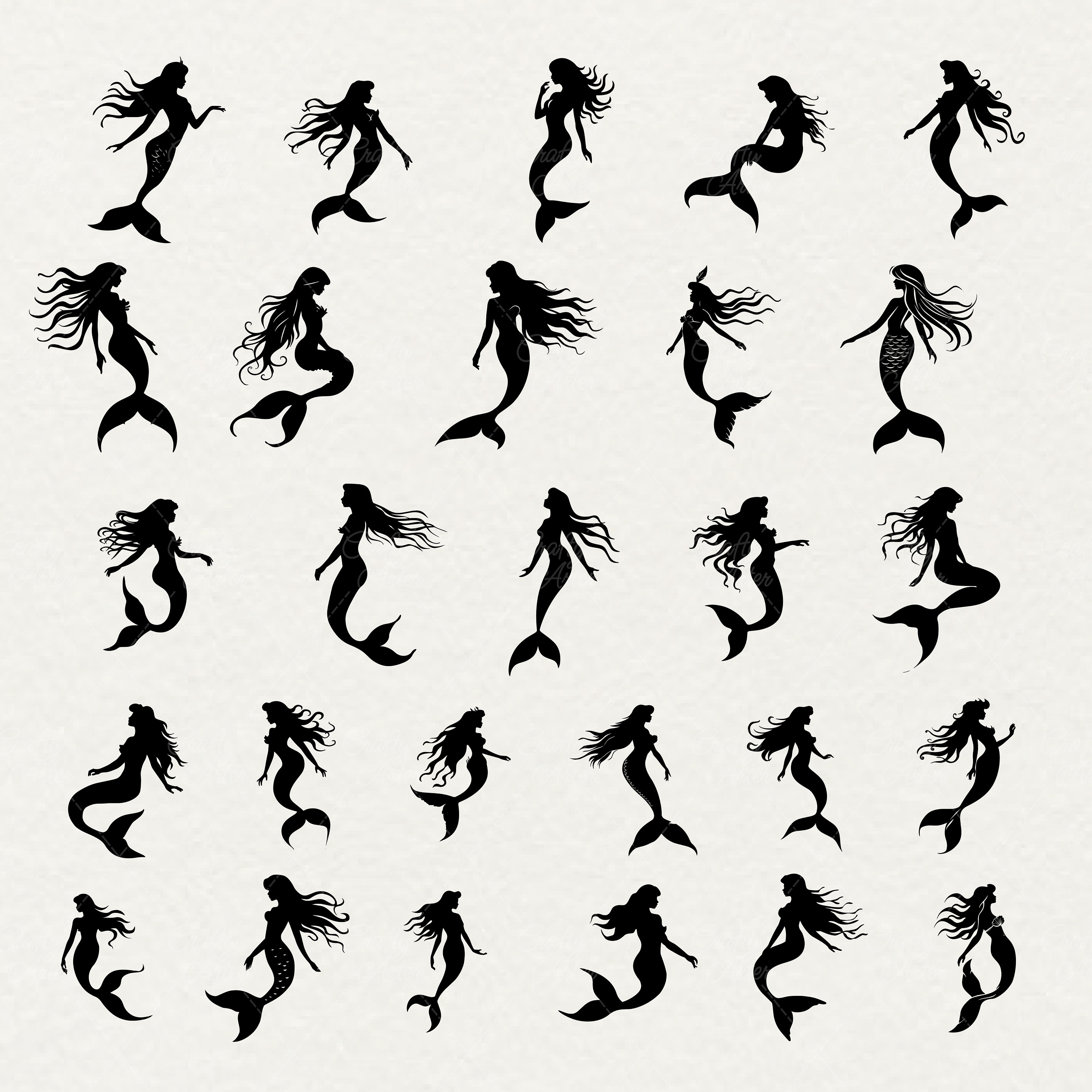 Mermaid Silhouette Clipart: Sea Girl SVG, PNG Cut Files (digital ...