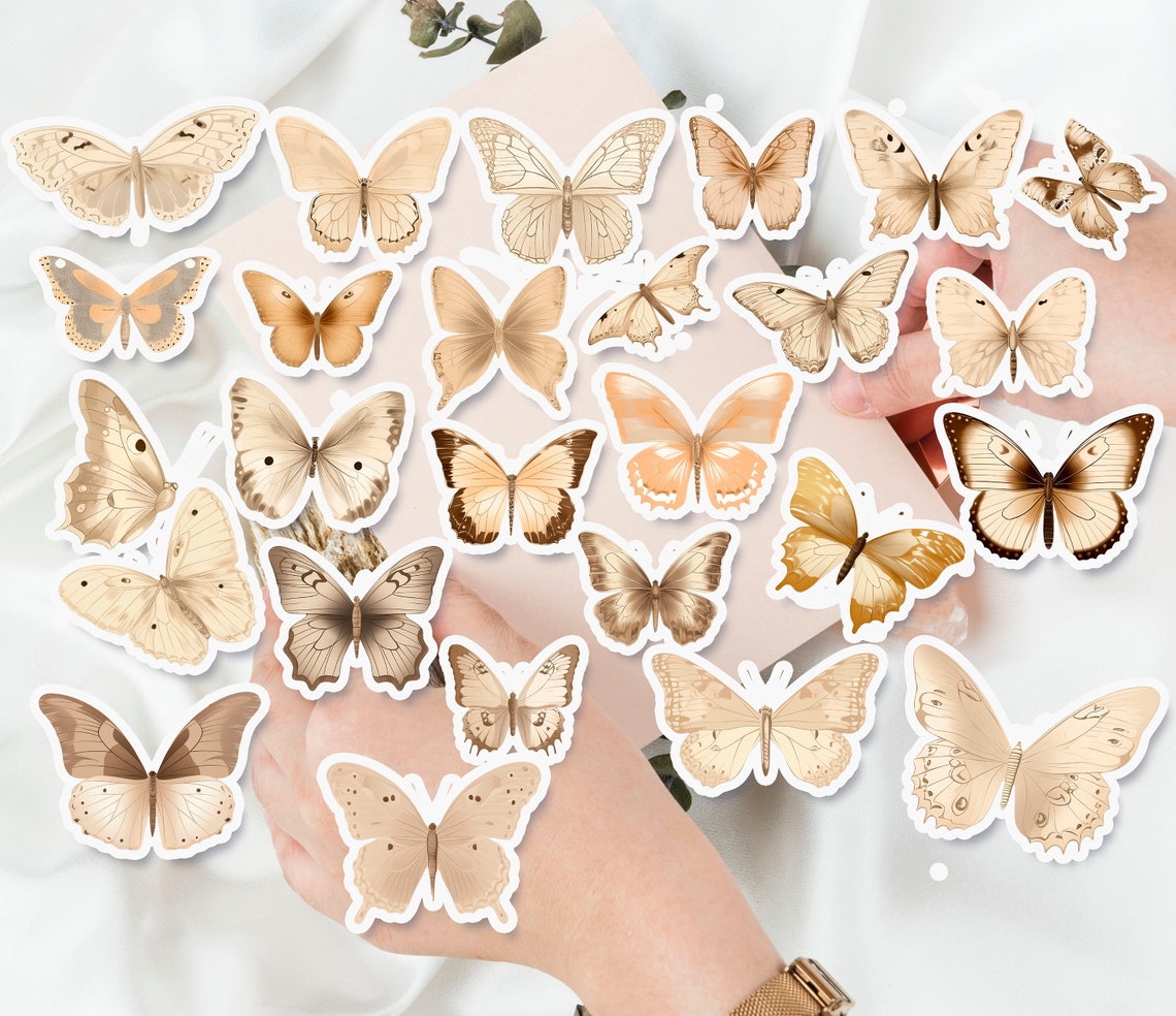 Watercolor Boho Butterfly Clipart: Cream & Beige PNG Stickers ...