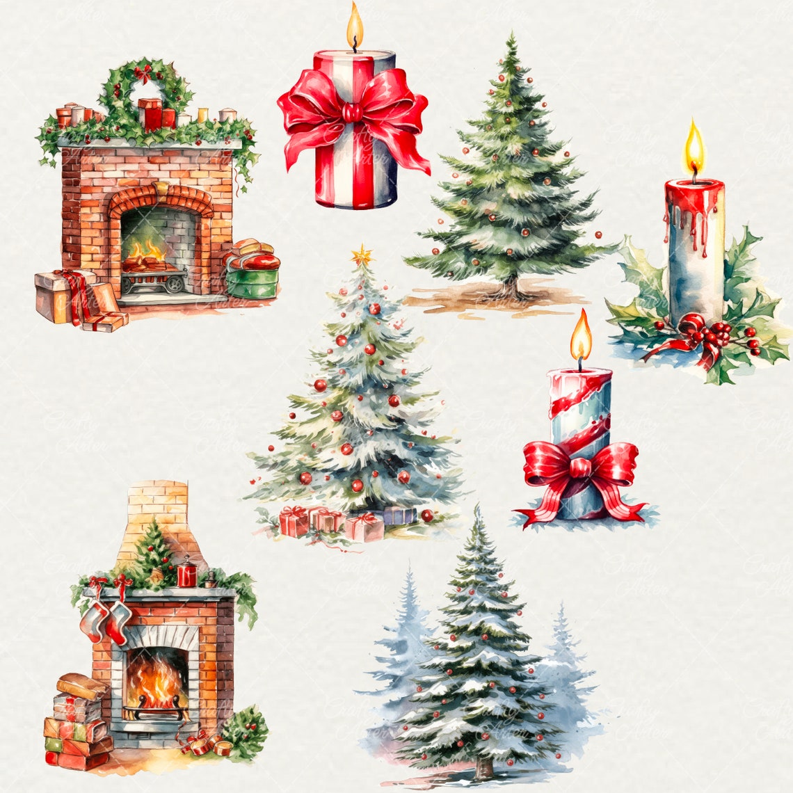 Watercolor Retro Christmas Clipart: 53 PNG Set, Vintage Santa ...