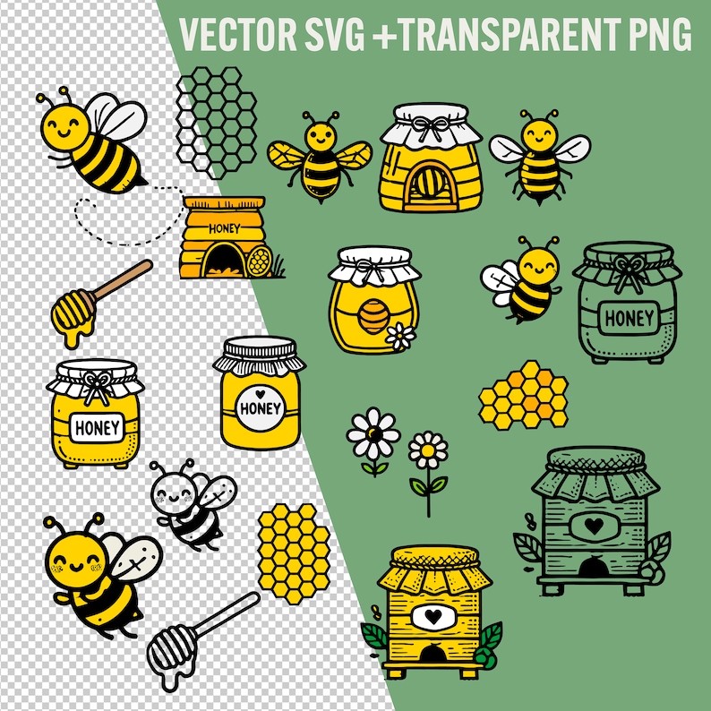 Honey Bee Clipart Set, PNG SVG Vector, Honeycomb Graphics (digital ...