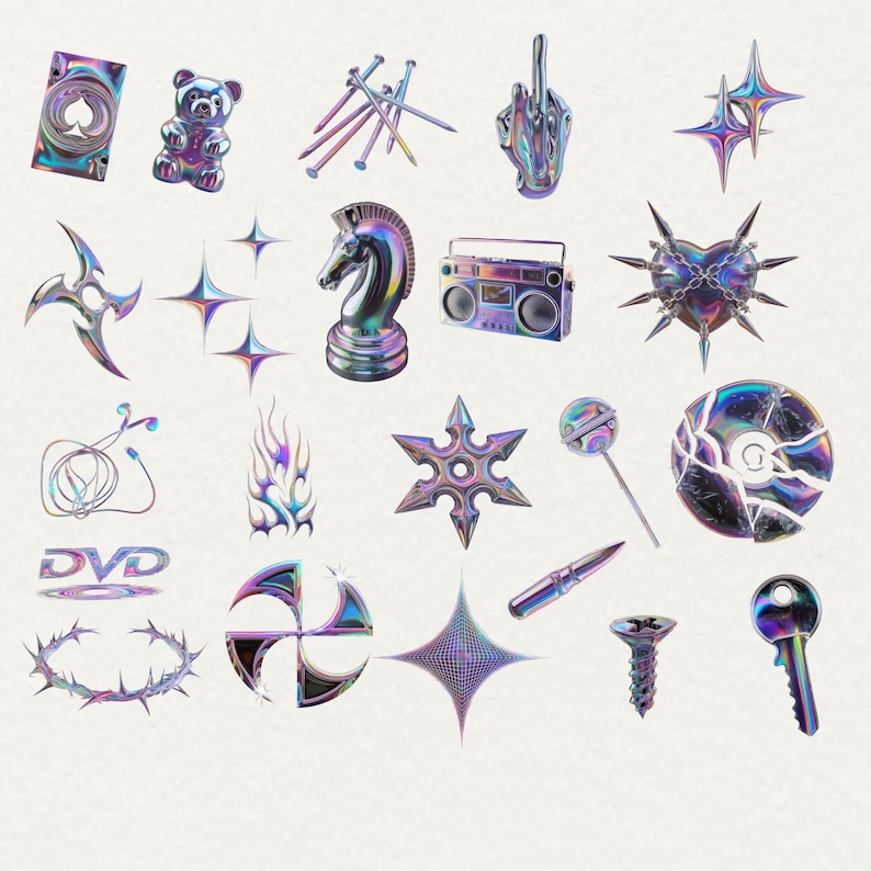 Y2K Holographic Clipart: Trendy PNG Stickers (digital Elements) - Etsy