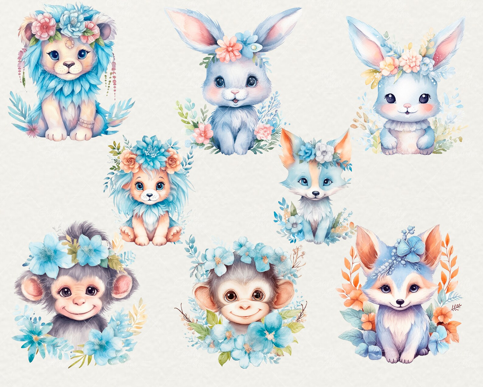Watercolor Boho Animals Clipart: 40 PNG Pastel Blue Floral Designs - Etsy