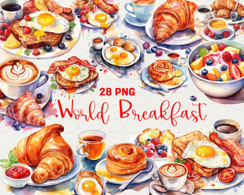 Watercolor Breakfast Clipart: 28 PNG Food Illustrations (commercial Use ...