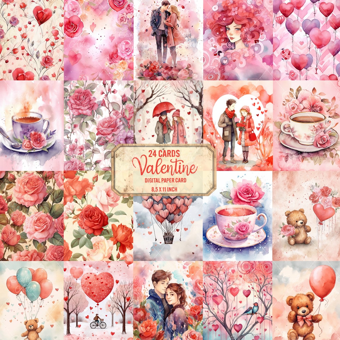 Valentines Day Digital Paper, 24 Card Vintage Digital Paper Card Love ...