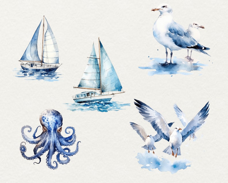 Watercolor Nautical Clipart: Ocean PNG Illustrations (46 Files) - Etsy