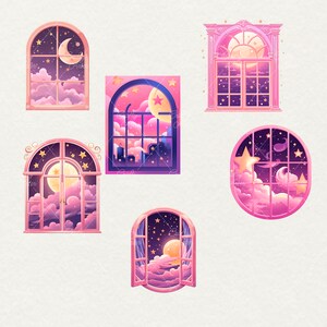 Celestial Windows Clipart Bundle, 20 PNG Pink Cartoon Graphics, Night ...