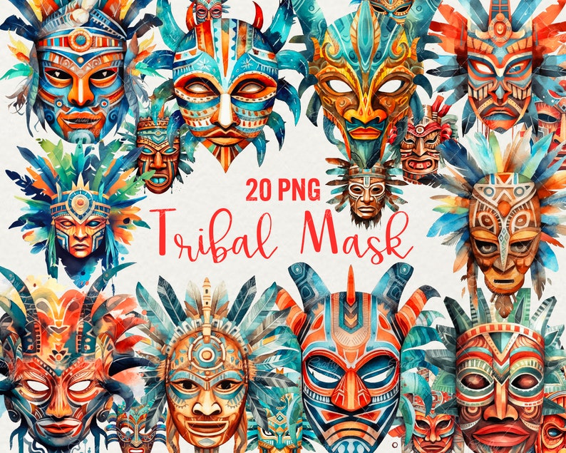 Watercolor Tribal Mask Clipart 20 PNG Mystic African Mask - Etsy