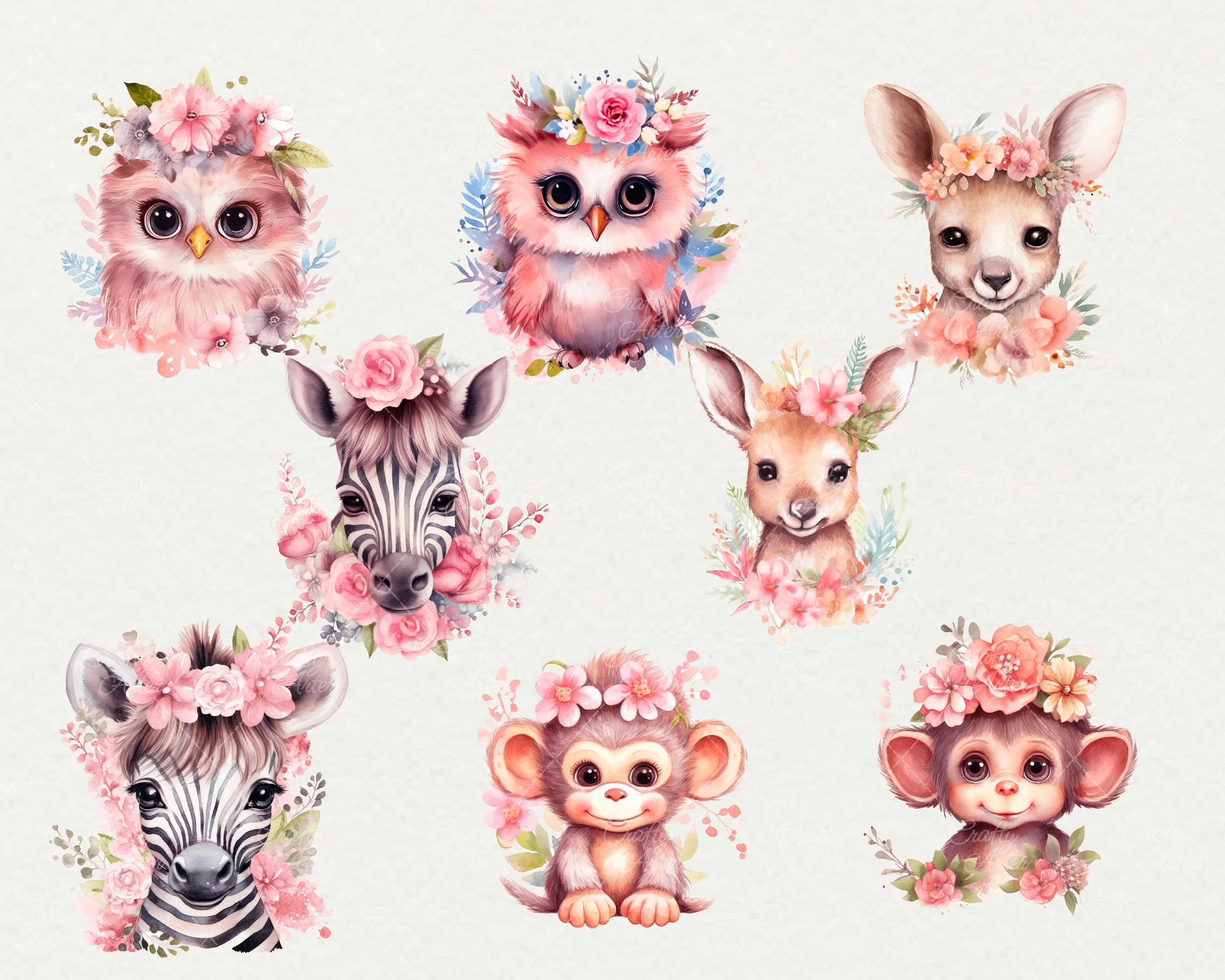Watercolor Boho Animals Clipart: 40 PNG Pastel Pink Floral Designs - Etsy