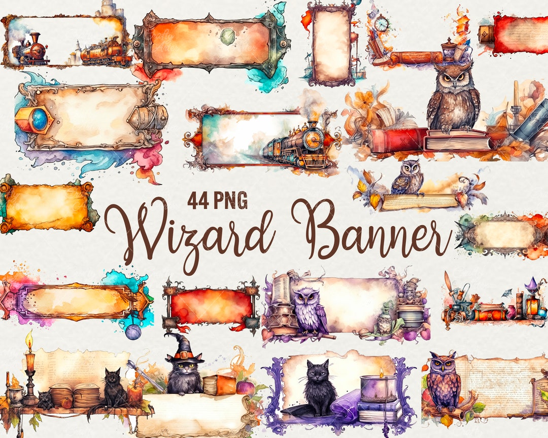 Magic School Banners Clipart, 44 PNG Watercolor Wizard Banner Graphics ...