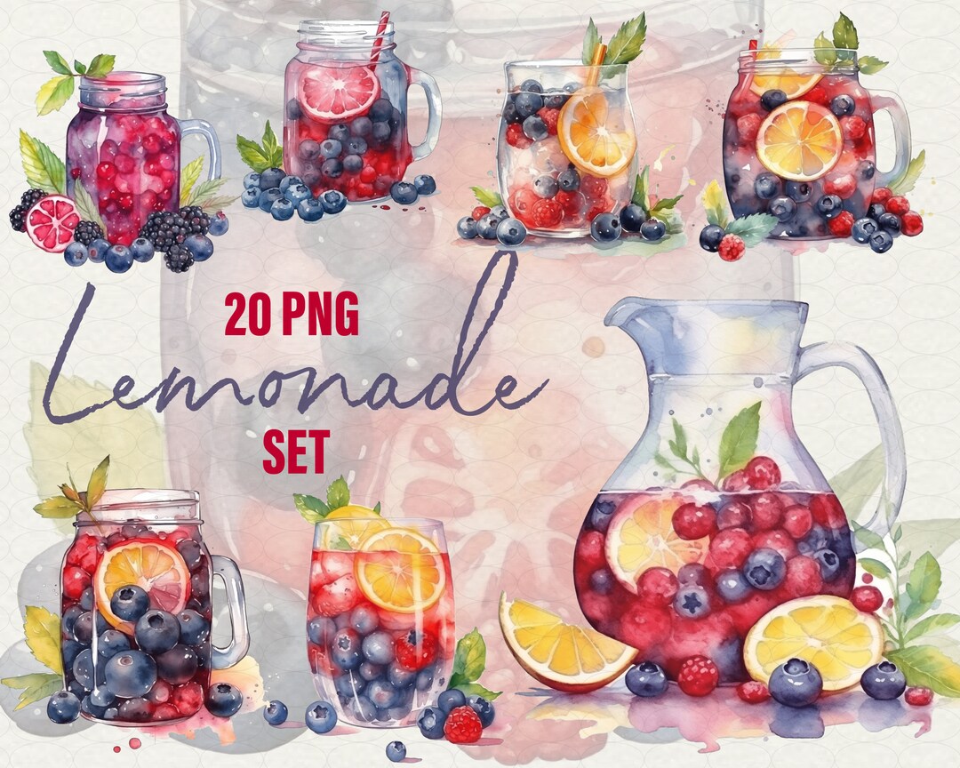 Summer Berries Lemonade 20 PNG Set, Spring Lemonade PNG Watercolor ...