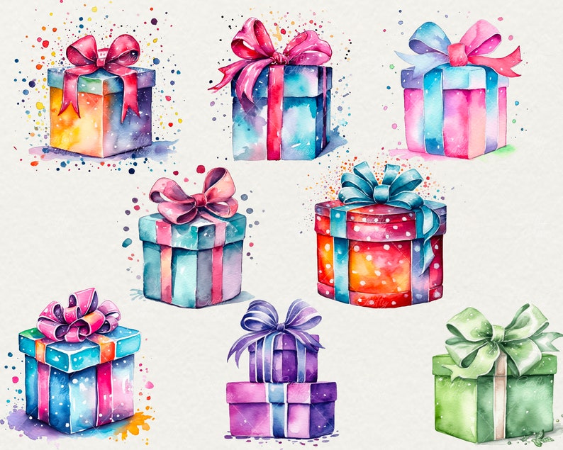Watercolor Gift Box Clipart: 26 PNG Images, Commercial Use - Etsy