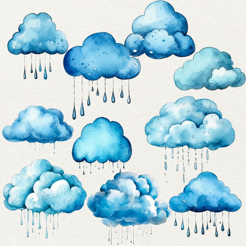 Watercolor Rain Clouds Clipart: 26 PNG Weather Graphics (commercial Use ...