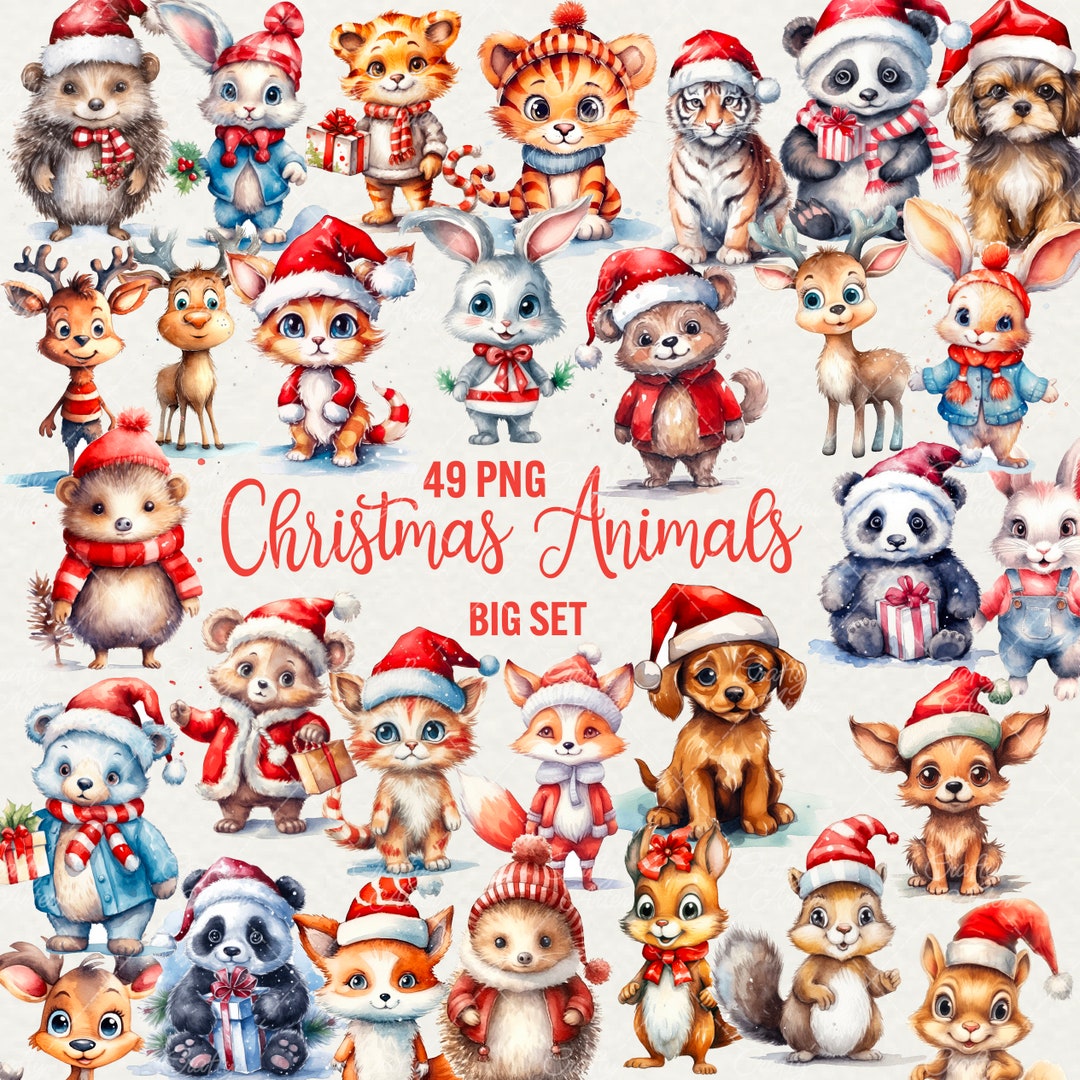Christmas Animals Clipart, Watercolor Holiday Baby Animals 49 Png ...