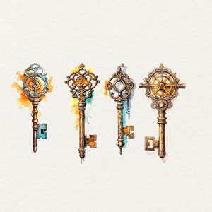 Steampunk Keys Clipart 20 PNG Fantasy Clipart Steampunk Key Watercolor ...