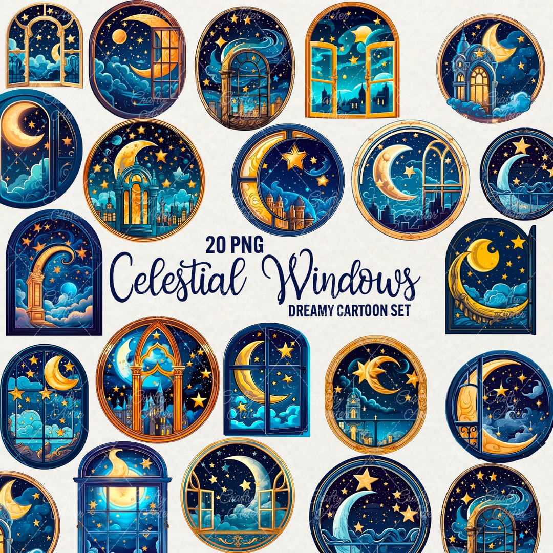 Celestial Windows Clipart Bundle, 20 PNG Cartoon Art Graphics, Moon Stars Night Fantasy Magical ...