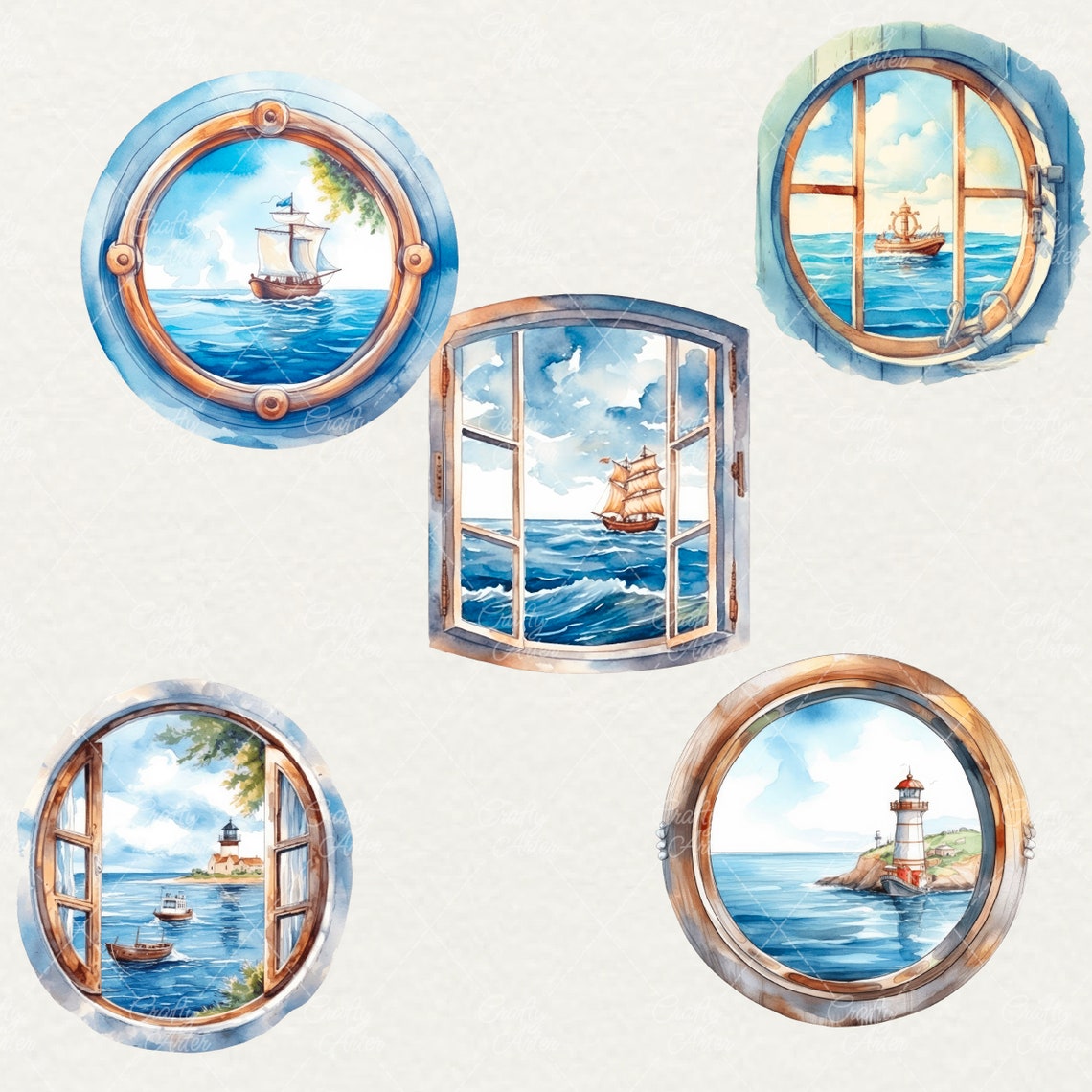 Watercolor Sea Window Clipart: Nautical Ocean View (28 PNG, Commercial ...