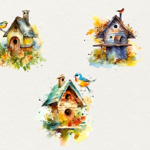 Watercolor Bird Houses Clipart 16 PNG Floral Spring and - Etsy