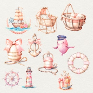 Nautical Baby Shower Clipart, 44 PNG Art Pastel Pink Watercolor Clipart ...