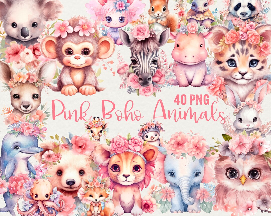 Watercolor Boho Animals Clipart: 40 PNG Pastel Pink Floral Designs - Etsy