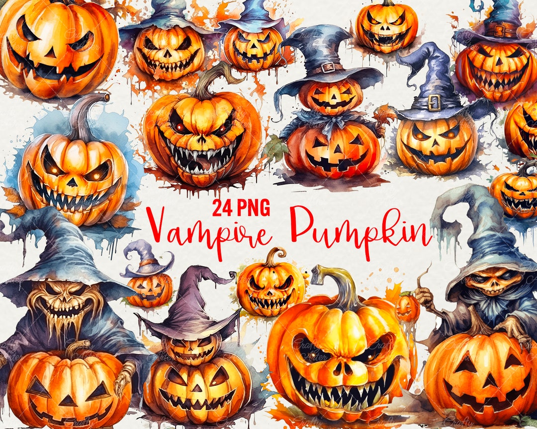 Watercolor Vampire Pumpkin Clipart, Watercolor Halloween Graphics 24 ...