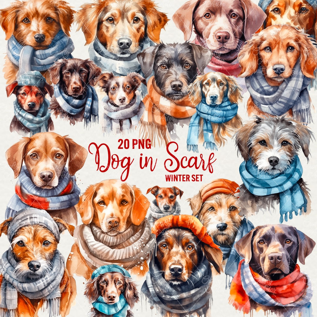 Winter Dogs Watercolor Clipart, 20 Png Dogs in Scarf, Christmas ...