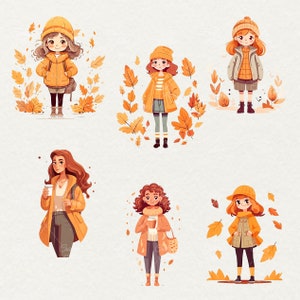 Autumn Girls Clipart, 20 PNG Cartoon Autumn Illustration, Cute Autumn ...