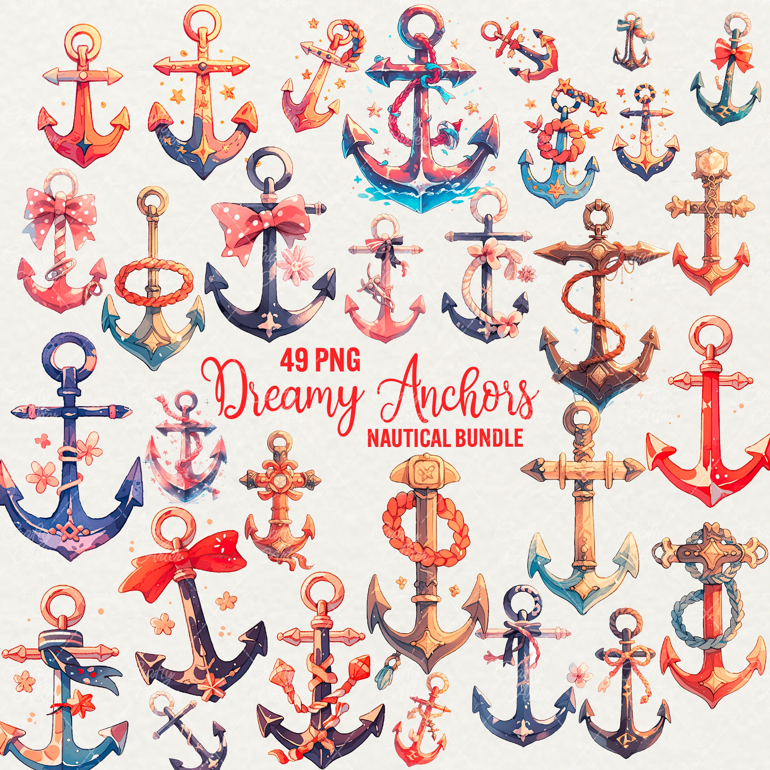 Watercolor Anchor Clipart: 49 PNG Nautical Illustrations (commercial ...