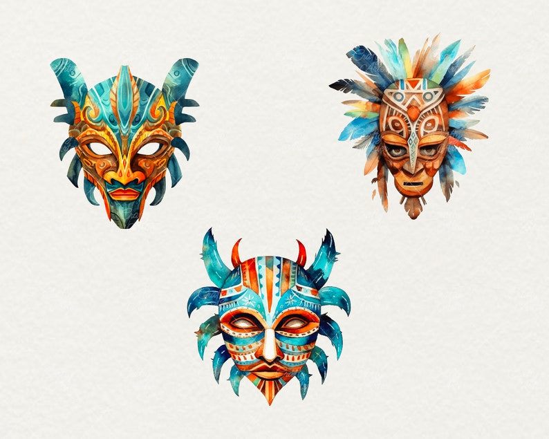 Watercolor Tribal Mask Clipart 20 PNG Mystic African Mask - Etsy