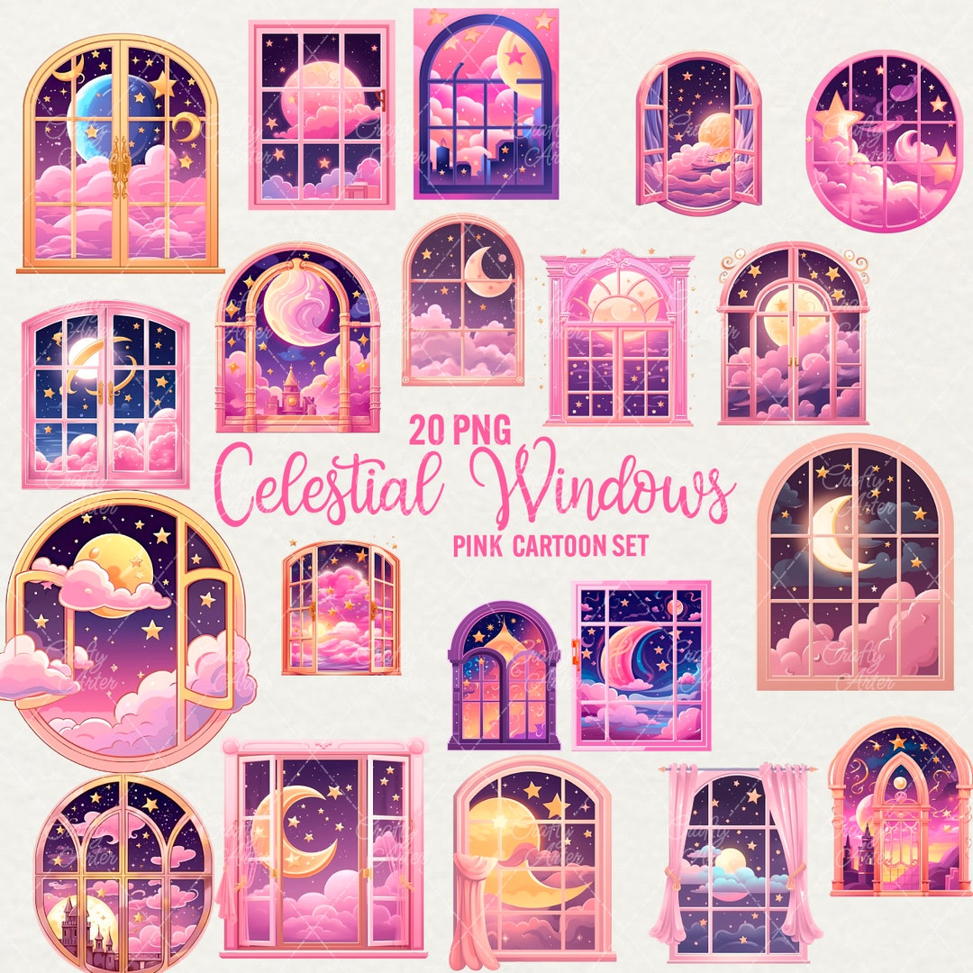 Celestial Windows Clipart Bundle, 20 PNG Pink Cartoon Graphics, Night Fantasy Magical Moon Stars ...