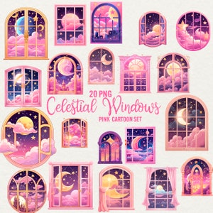 Celestial Windows Clipart Bundle, 20 PNG Pink Cartoon Graphics, Night ...