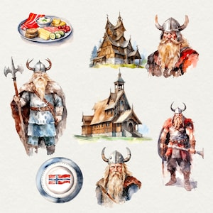 Watercolor Norway Clipart Bundle: Nordic Landscapes, Culture (58 PNG ...