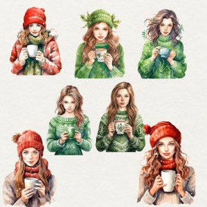 Christmas Cozy Girls Clipart, 28 PNG Watercolor Girl With Warm Cup ...