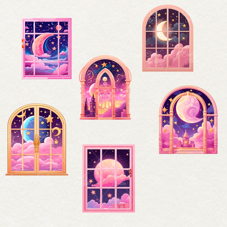 Celestial Windows Clipart Bundle, 20 PNG Pink Cartoon Graphics, Night ...