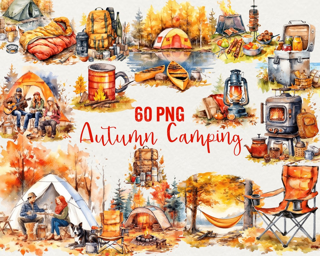 Watercolor Autumn Camping Clipart, Outdoor Camp, Bonfire, Backpack ...