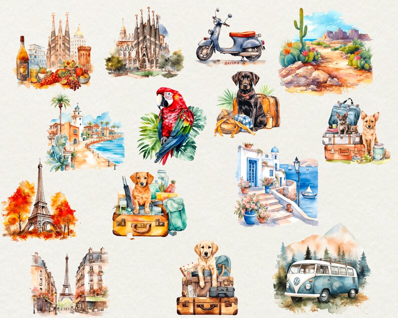 Watercolor Travel Clipart 72 PNG World Travel Travel Summer - Etsy