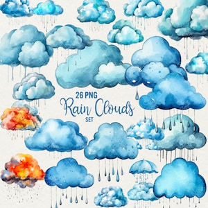 Rain Clouds Clipart, 26 PNG Watercolor Rain Clipart Clouds, Umbrella ...