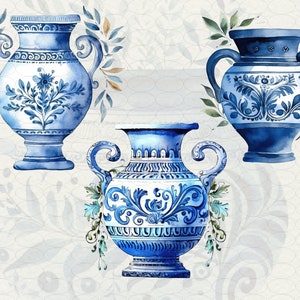 Blue Antique Greece Vase Clipart, 20 Png, Card Making, Watercolor Blue ...