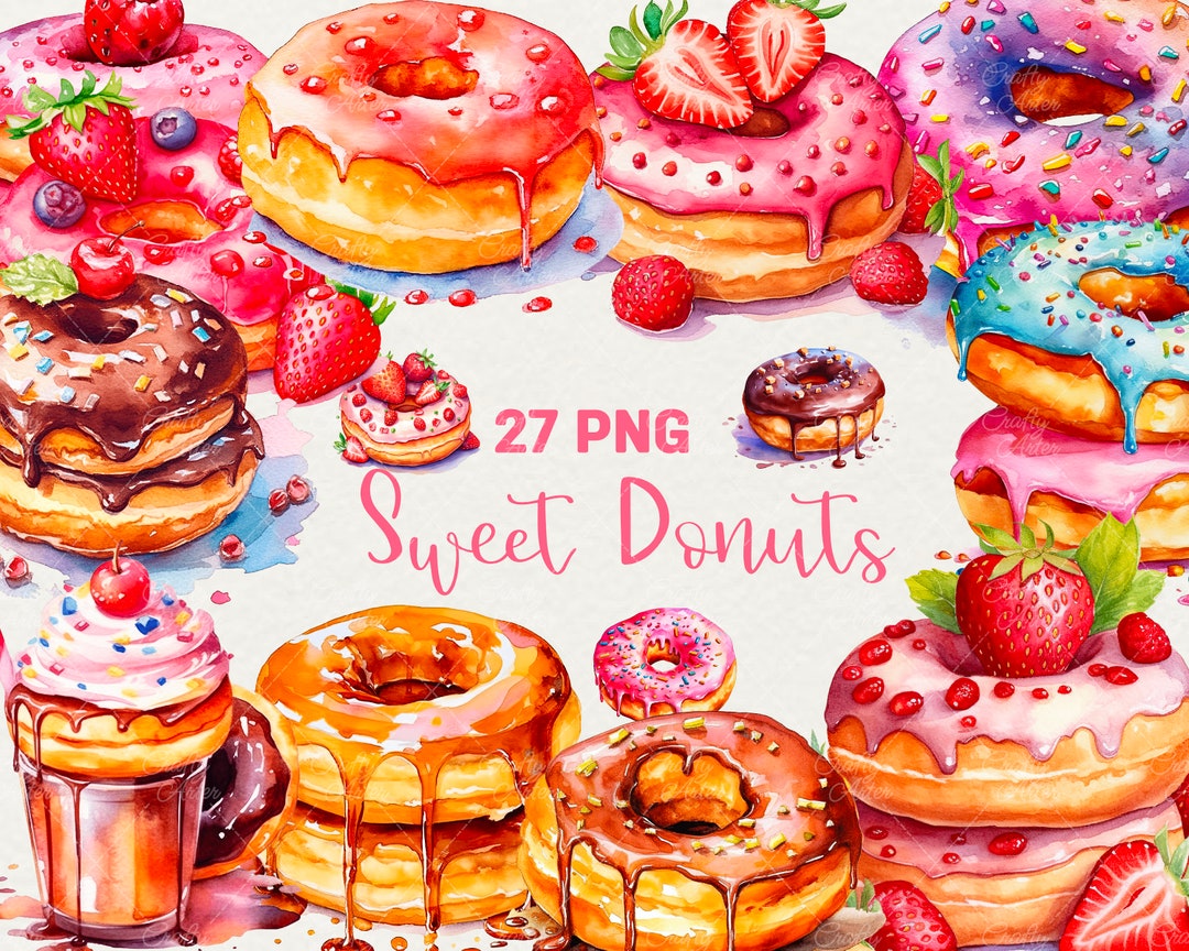 Watercolor Donut Clipart 27 PNG, Delicious Bakery Dessert Clipart ...