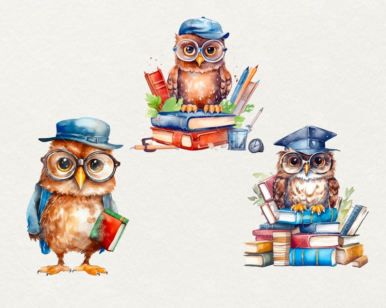 Watercolor School Owl Clipart Back to School Clipart - Etsy