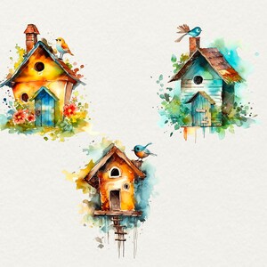 Watercolor Bird Houses Clipart, 16 PNG Floral Spring and Summer Time ...